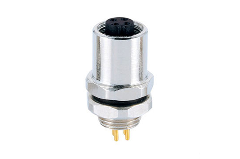 M5 4pin, female, PCB contacts, panel connector, rear fastened-